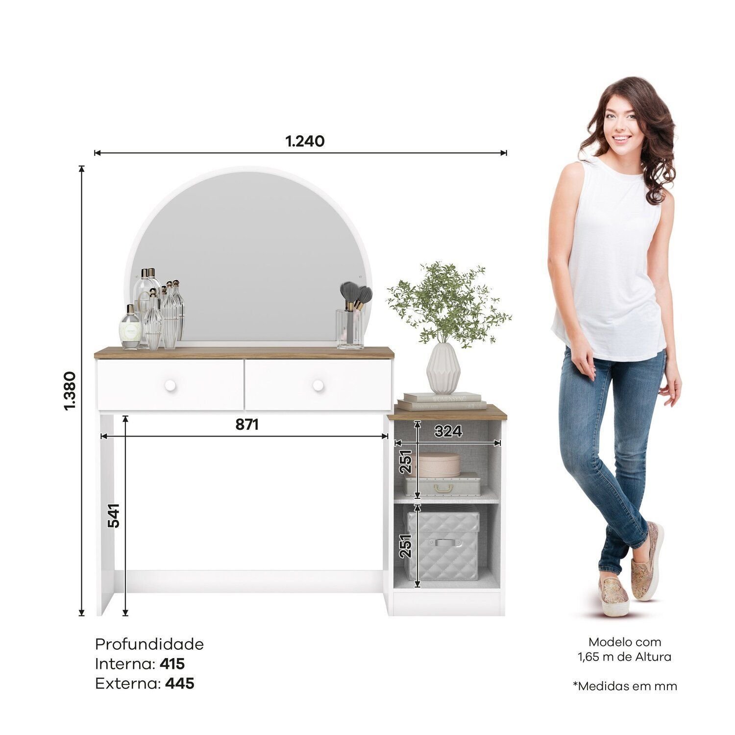 Penteadeira Agnes 2 Gavetas Espelho Circular e Puxadores em Abs Branco ...