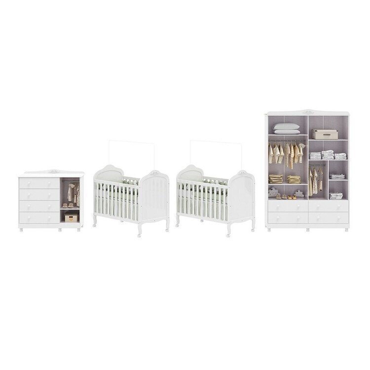 Quarto de Bebê Gêmeos 2 Berços Guarda-Roupa e Cômoda Janelada 100% MDF ...