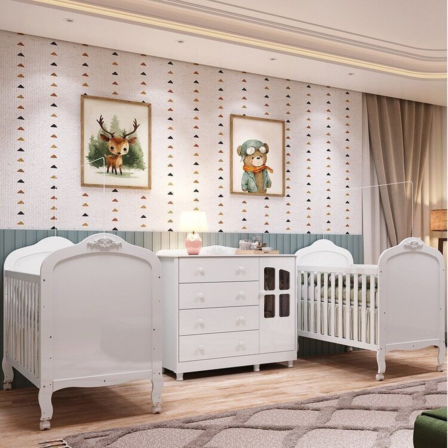 Quarto de Bebê Gêmeos 2 Berços e Cômoda Janelada 100% MDF Maya Clássico ...