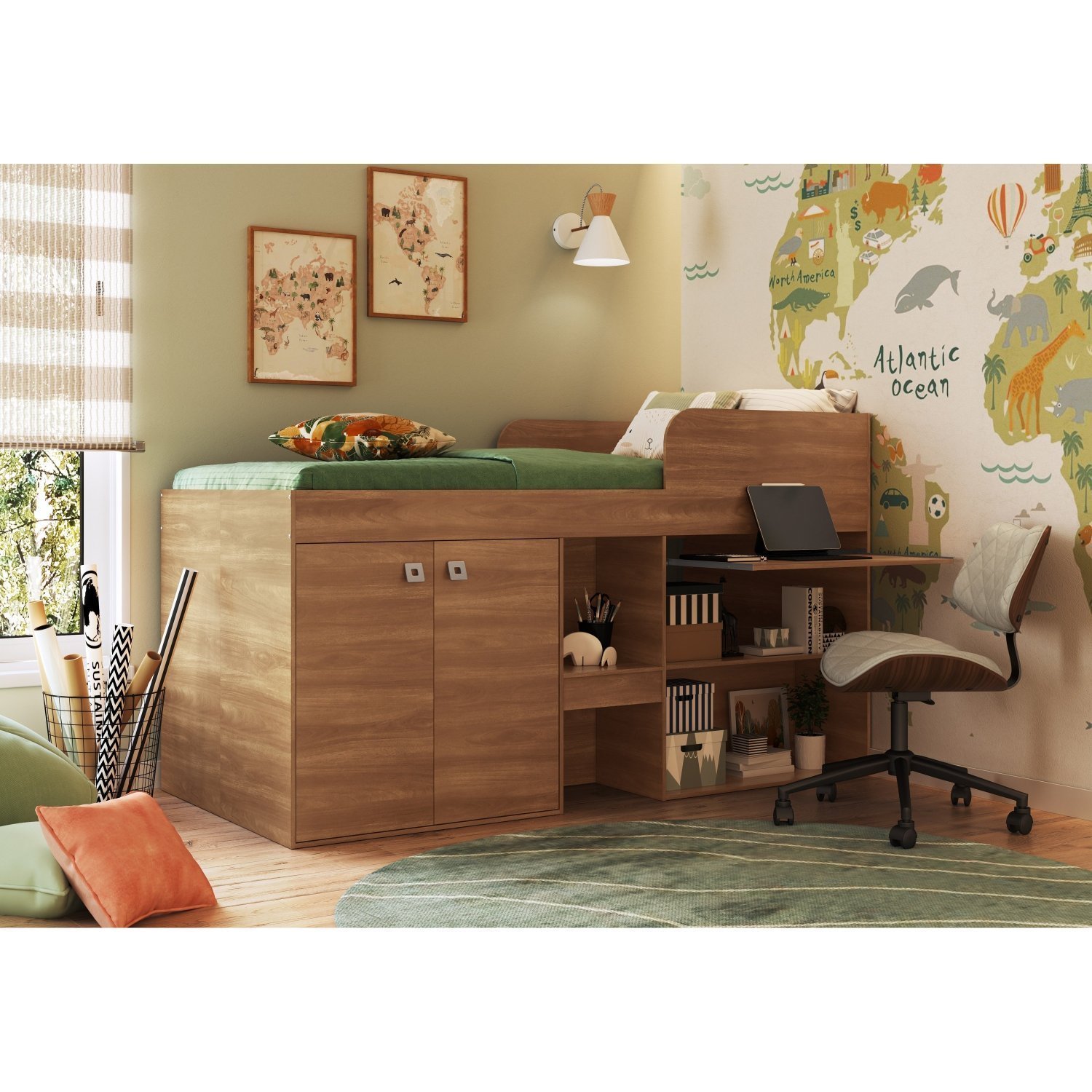 Cama Alta Multifuncional Infantil/Juvenil com Armário e Escrivaninha ...