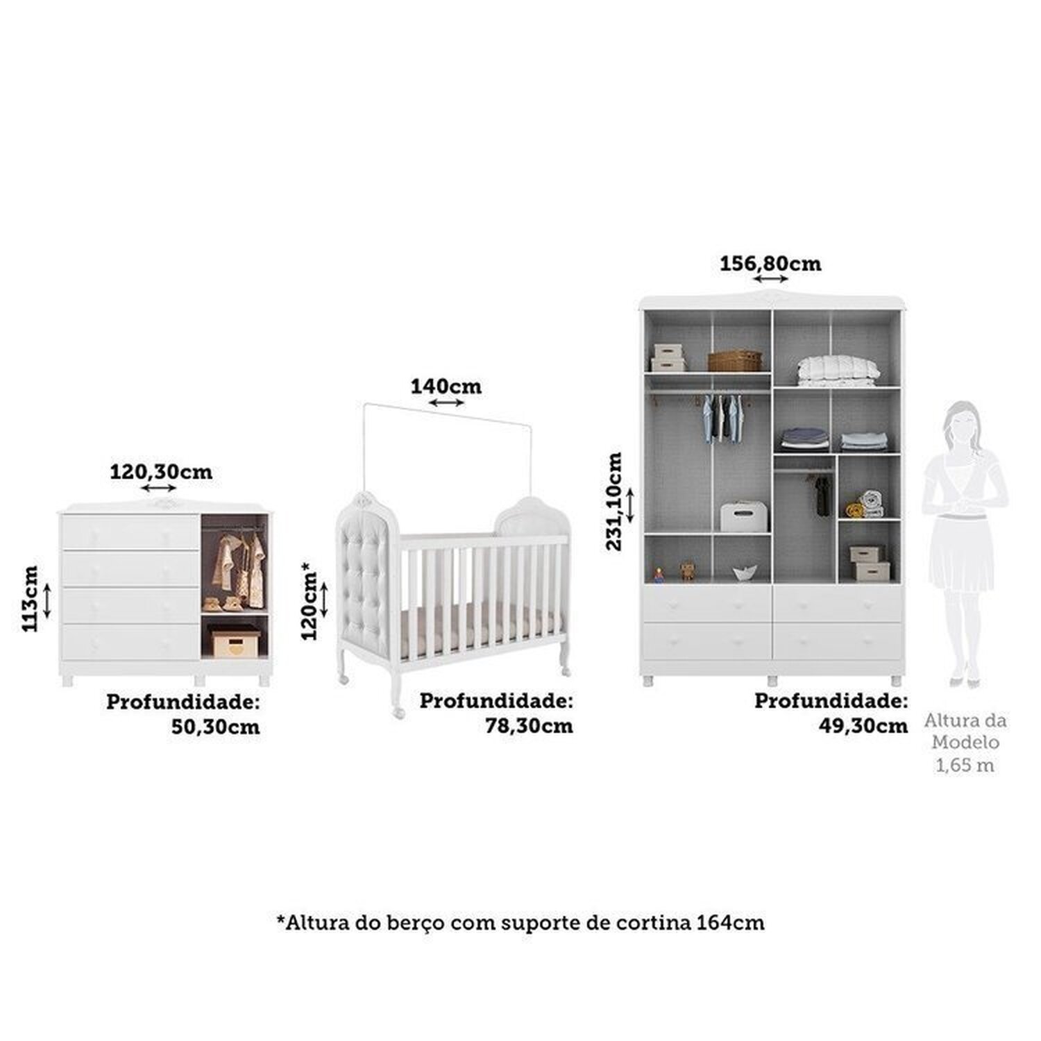 Quarto de Bebê com Guarda-roupa Cômoda e Berço com Capitonê 100% Mdf ...