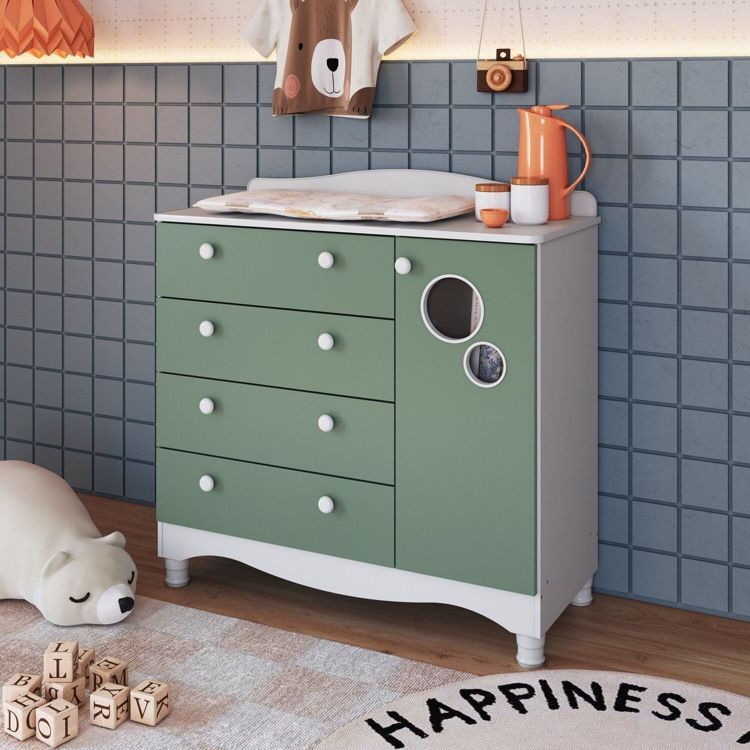 Cômoda Infantil 4 Gavetas e 1 Porta Linha Encanto Branco/Verde - CASATEMA